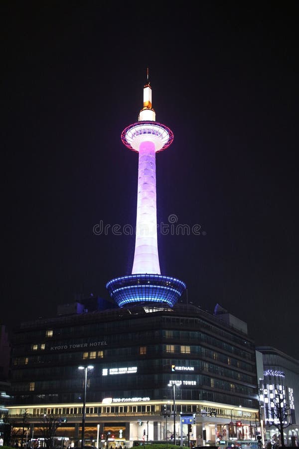 Kyoto Tower Illuminated by Night Editorial Stock Photo - Image of ...