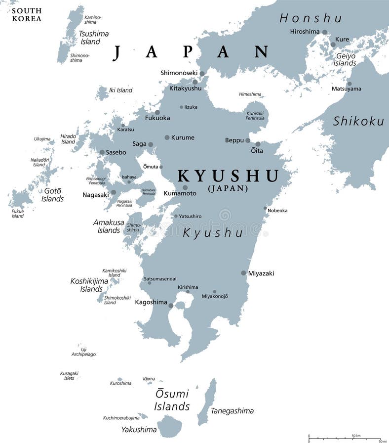 Kyushu, One of the Five Main Islands of Japan, Gray Political Map Stock ...