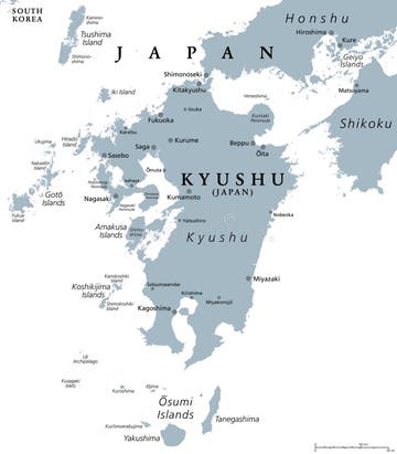Kyushu, One of the Five Main Islands of Japan, Gray Political Map Stock ...