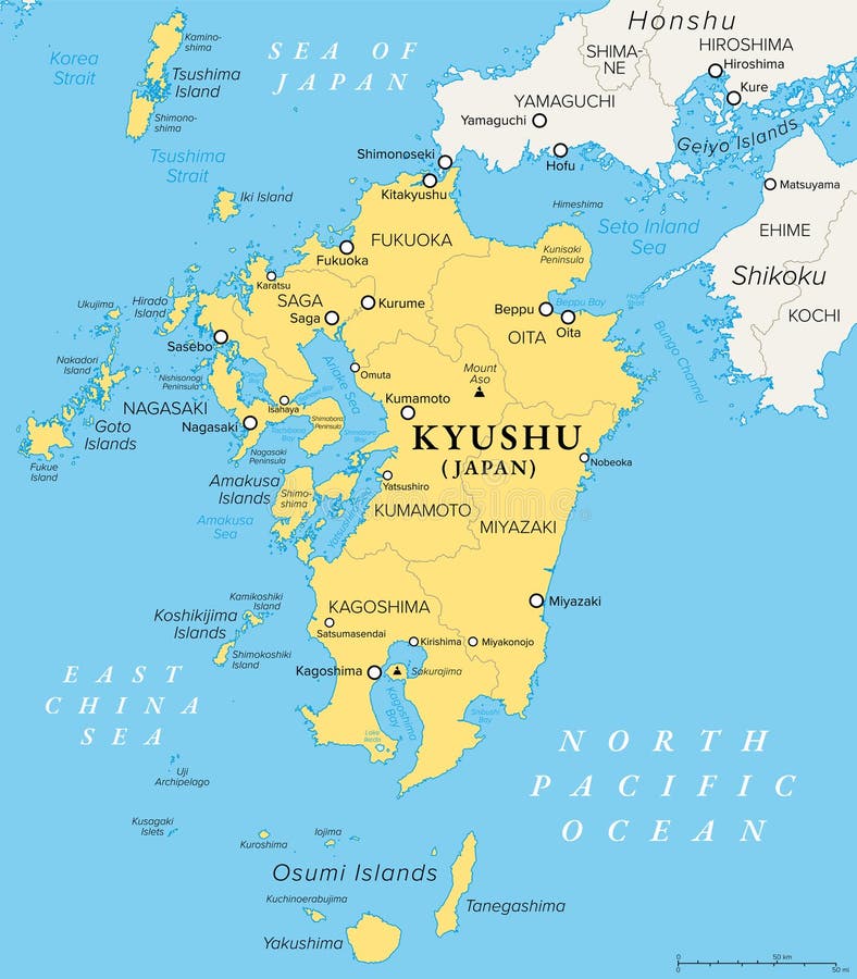 Kyushu Island and Nregion in Japan, Political Map with Prefectures ...