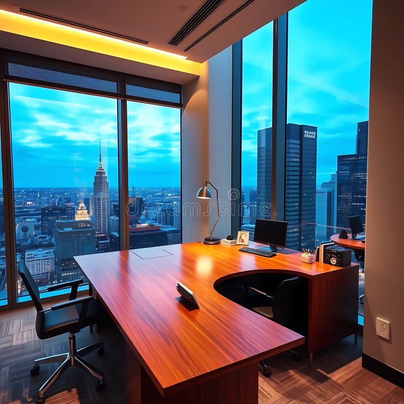 L Shaped Corner Desk in a Professional Office with a City View Stock ...