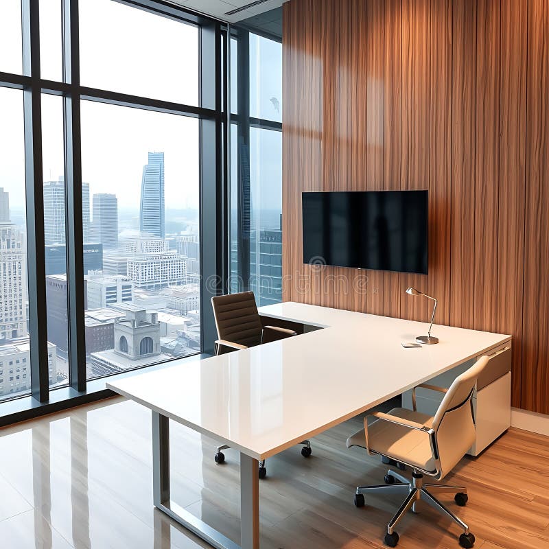 L Shaped Corner Desk in a Professional Office with a City View Stock ...