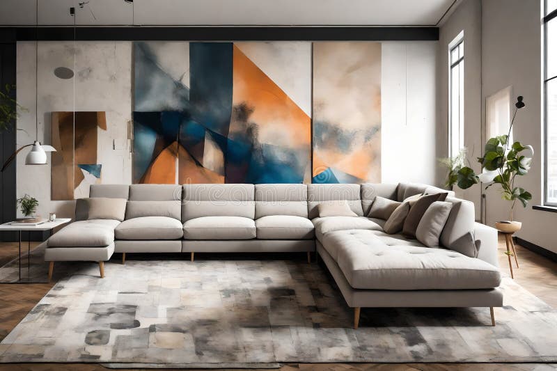 An L-shaped Modular Sofa in a Contemporary Setting with Abstract Wall ...