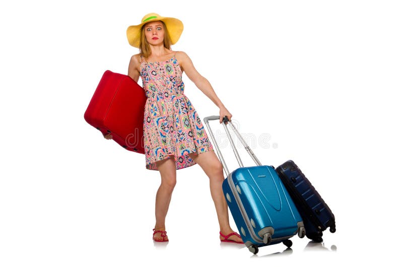La Donna Con La Valigia Isolata Su Bianco Fotografia Stock - Immagine ...