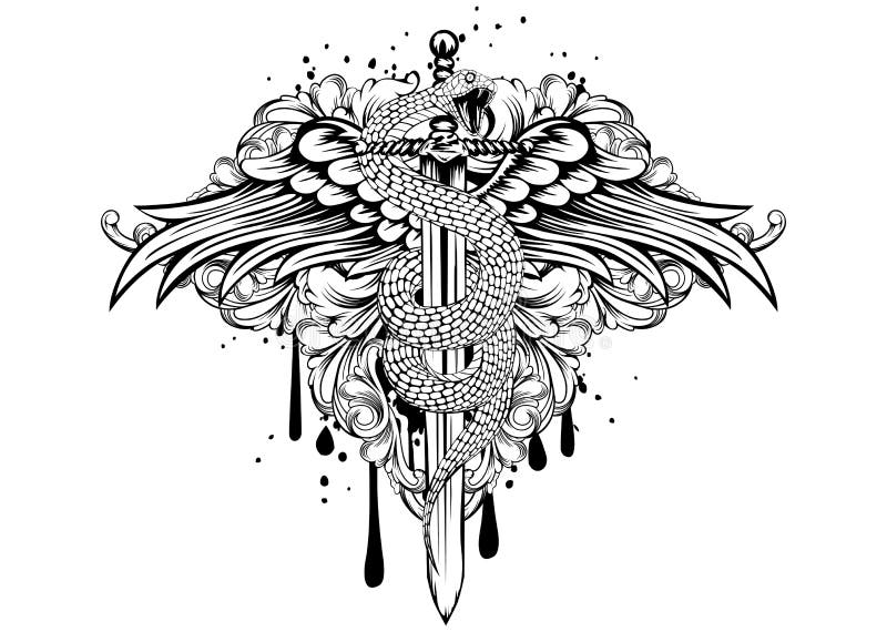 Alas, Modelos, Espada De La Fantasía Y Serpientes Ilustración del ...
