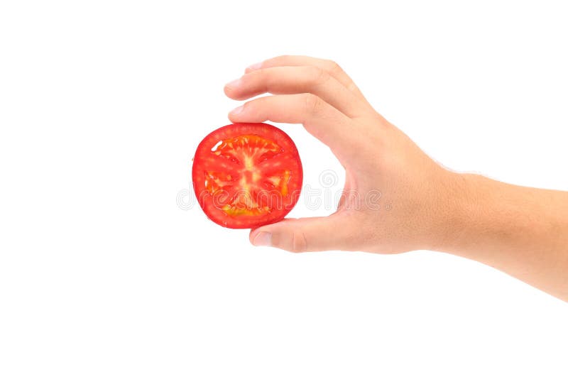La Main Tient La Tranche De Tomate Image stock - Image of juteux ...