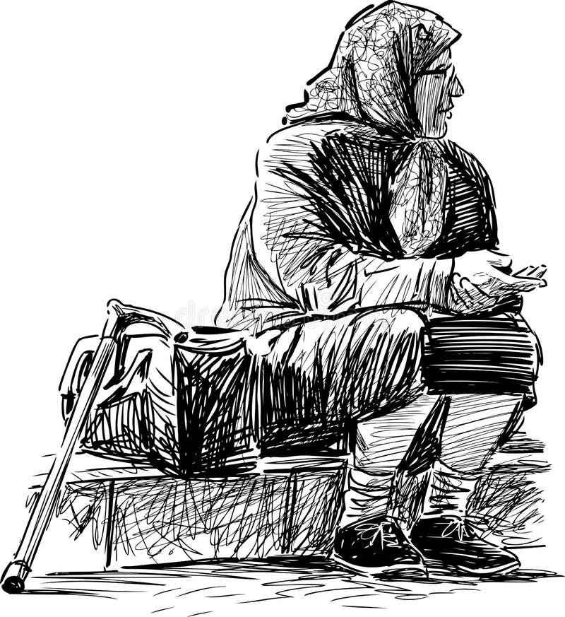 Dibujo De Una Mendigo Anciana Sentada En La Calle Y Recogiendo Limosnas ...