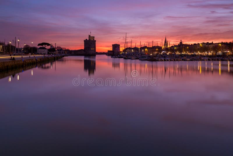 La Rochelle - Harbor by Night with Beautiful Sunset Stock Photo - Image ...