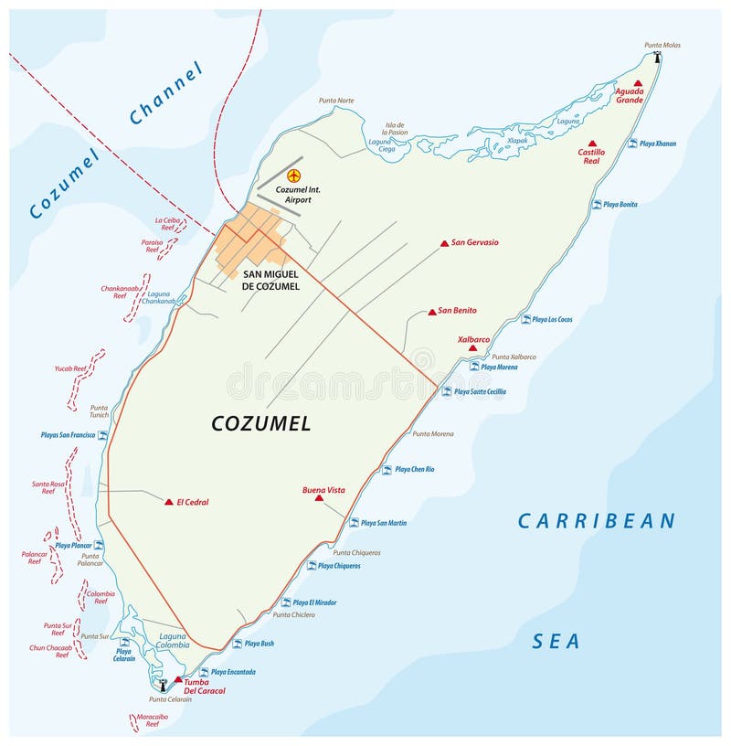 La Spiaggia E La Strada Di Cozumel Vector La Mappa, Messico ...