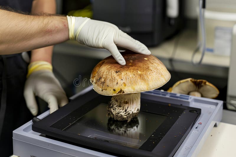 Lab Assistant Placing a Mushroom Cap on a Scanner for Digital Analysis ...