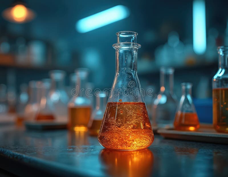 Lab Beaker with Bubbling Orange Liquid during Science Experiment ...