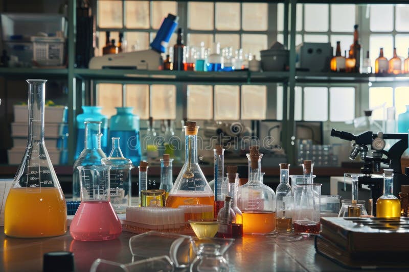 Lab Bench with Beakers Test Tubes and Microscopes Stock Illustration ...