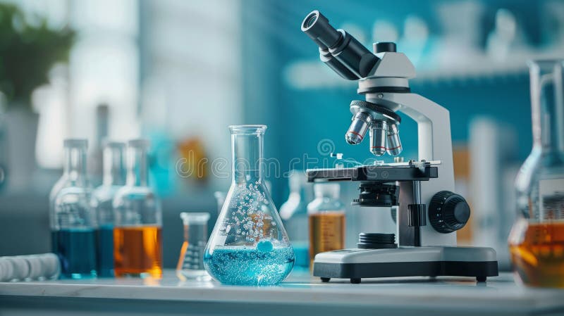 Lab Bench with Bubbling Liquids in Glass Beakers and a Microscope ...