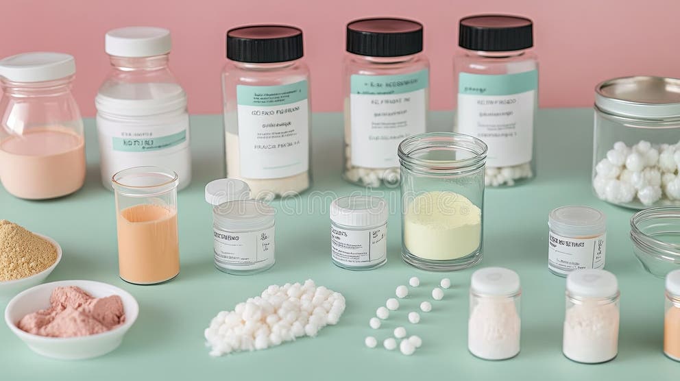 Lab Bench with Labeled Containers: Collagen, Keratin, Chitosan . Stock ...