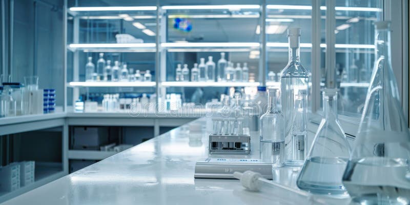 A Lab Bench with Many Bottles and Beakers on it Stock Image - Image of ...
