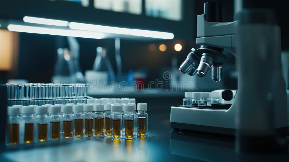 A Lab Bench with a Microscope and Many Test Tubes on it. Generative AI ...