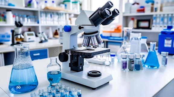 A Lab Bench with a Microscope and Various Chemicals on it Stock Image ...