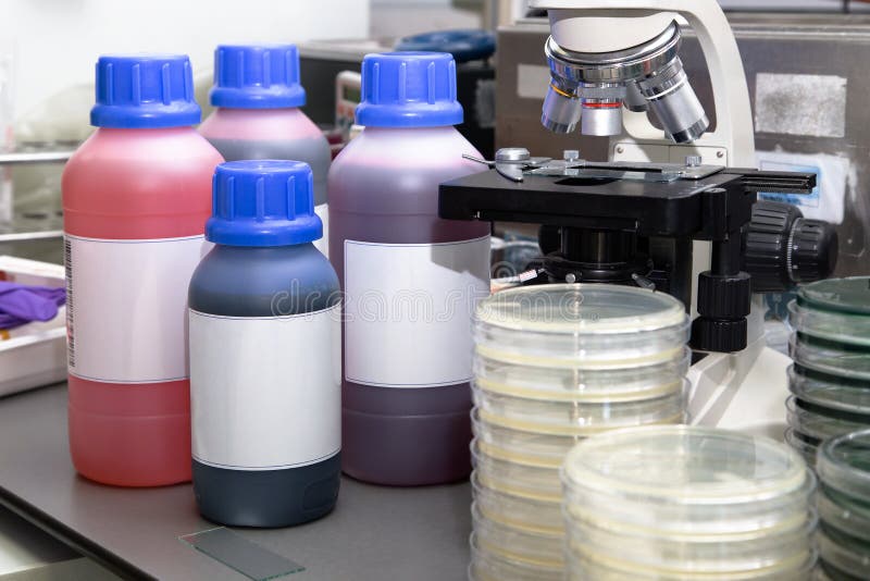 Lab Bench for Microscopic Analysis with Dish and Reagents Stock Image ...