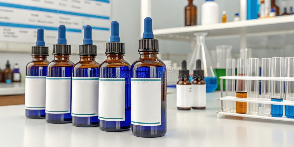 Lab Bottles Blue Liquid, Dropper, Blank Labels Stock Illustration ...
