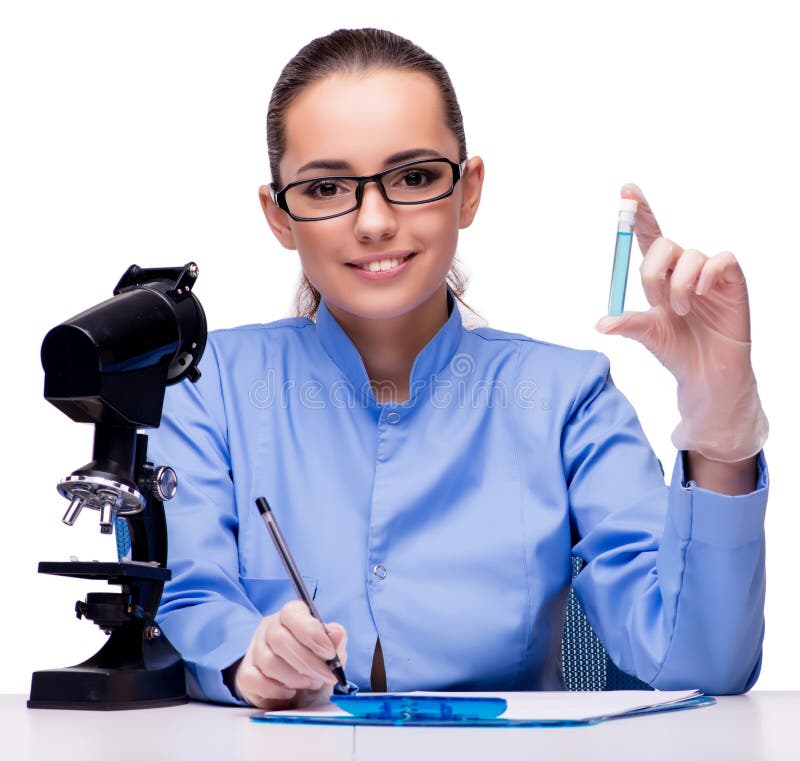 Lab Chemist Working with Microscope and Tubes Stock Image - Image of ...