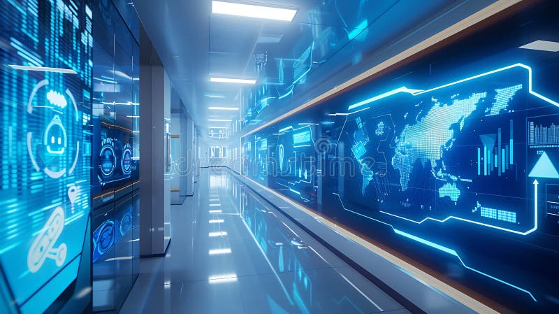 Lab Corridor with Interactive Screens Stock Illustration - Illustration ...
