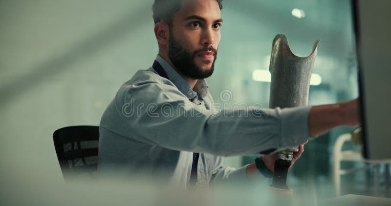 Lab, Development and Man at Computer with Prosthetic Leg, Research and ...
