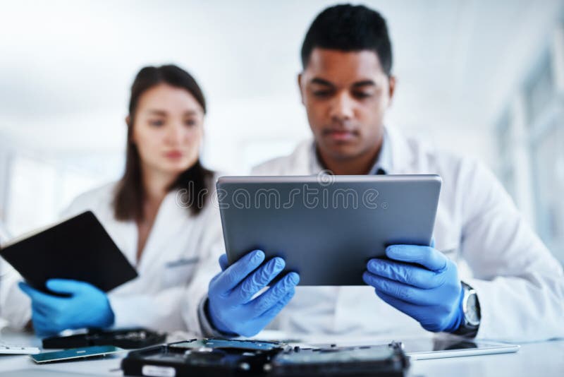 Lab, Engineer and Hands with Tablet, Repairing and Collaboration for ...
