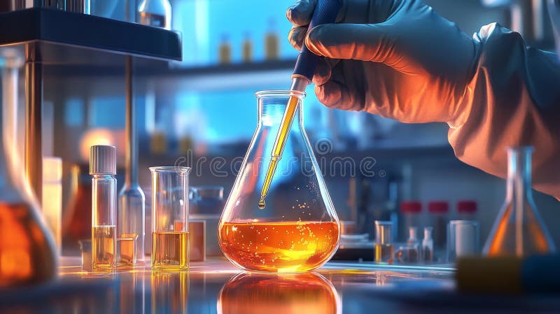 Lab Equipment Including Beakers and Flasks with Colorful Liquids in a ...