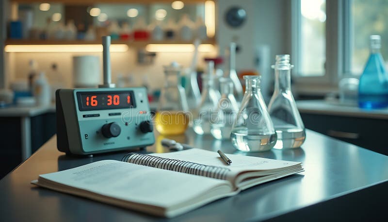 Lab Equipment with Notebook and Pen Stock Illustration - Illustration ...