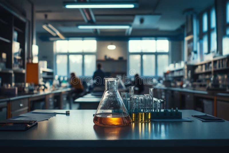 Lab Equipment on a Table, Various Beakers and Flasks Stock Photo ...