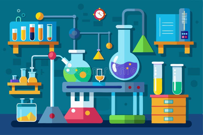 The Lab Features Beakers, Flasks, and Test Tubes Filled with Vibrant ...