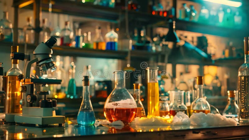 Lab Filled with Assorted Colored Liquids in Beakers and Flasks ...