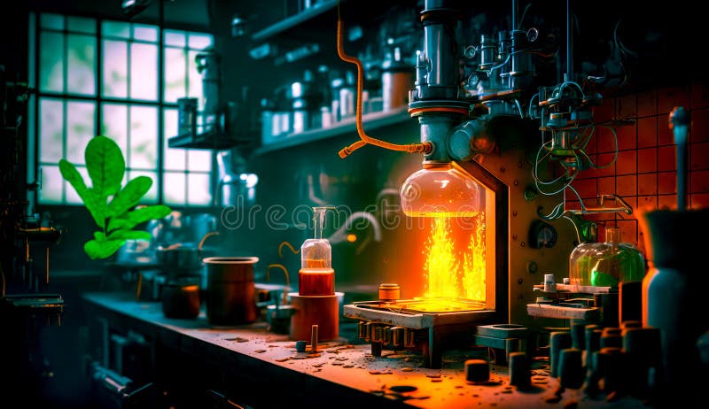 Lab Filled with Lots of Glass Bottles Filled with Liquid and Beakle ...