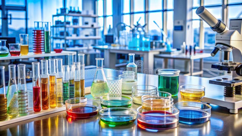 Lab Glassware with Colorful Liquids on Lab Table with Microscope in ...