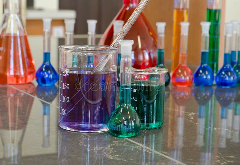 Lab Glassware Filled with Chemicals Stock Photo - Image of laboratory ...