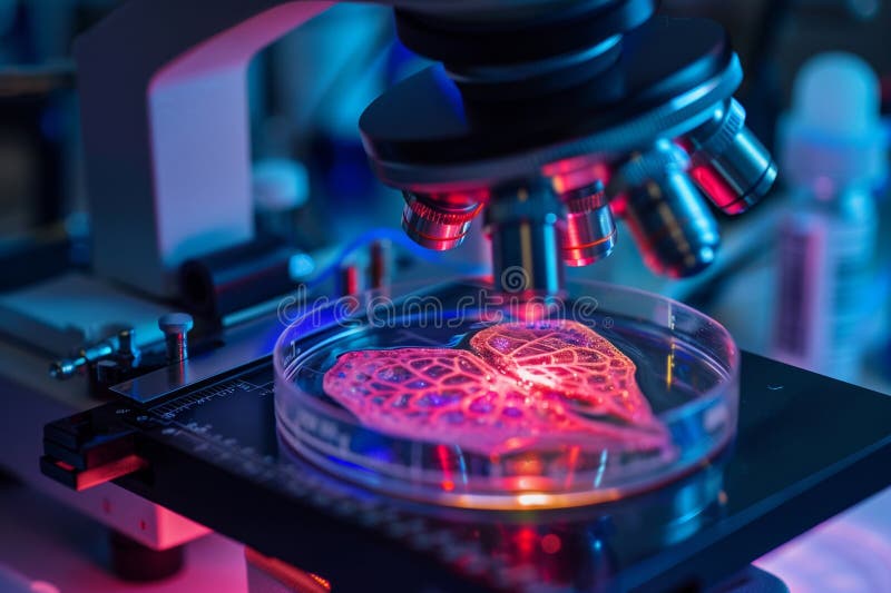 Lab Grown Heart Tissue in a Petri Dish Illuminated Under a Microscope ...