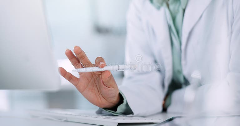 Lab, Hands or Scientist on Computer with Pen for Research, New Study or ...