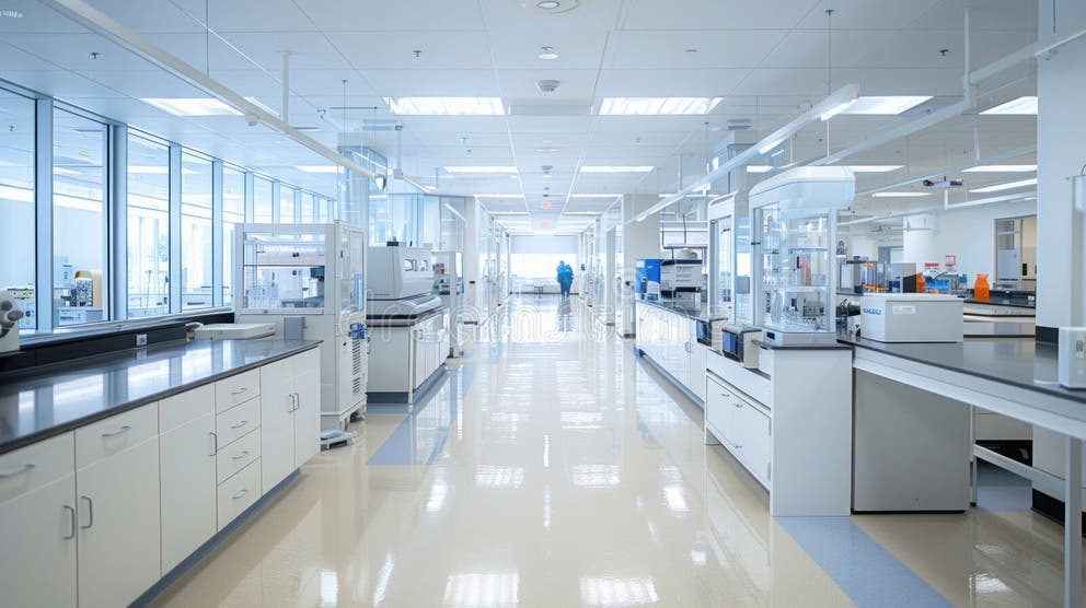 Lab Has a Long Hallway with Many Cabinets and Counters for Experiments ...