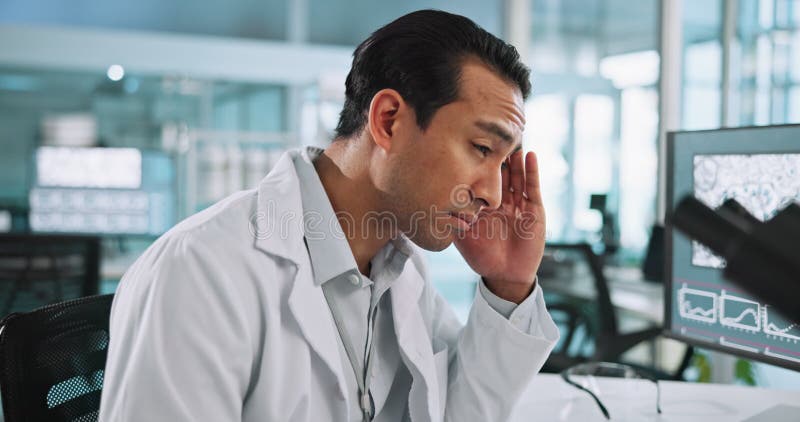 Lab, Headache and Man on Computer for Research, Medical Study and ...