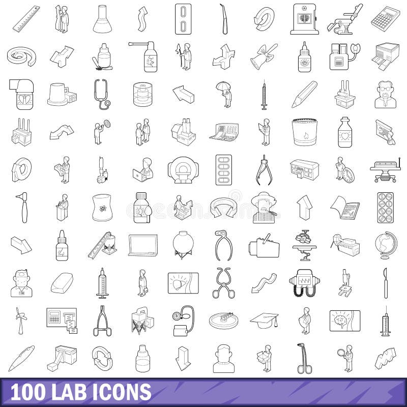100 Lab Icons Set, Outline Style Stock Vector - Illustration of glass ...