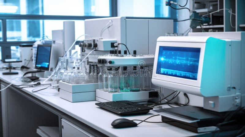 A Lab with a Lot of Bottles and a Computer, Biotechnology, Protein ...