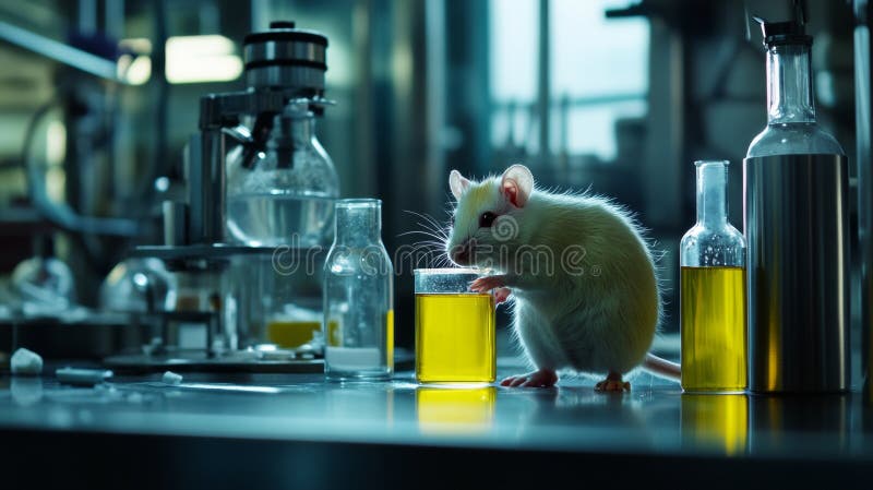 Lab Mouse Interacting with Yellow Liquid in a Scientific Laboratory ...