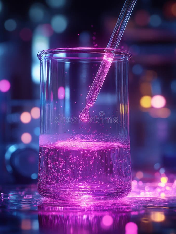 Lab Scene with Beaker, Pipette, and Glowing Purple Liquid Stock Photo - Image of fluid ...