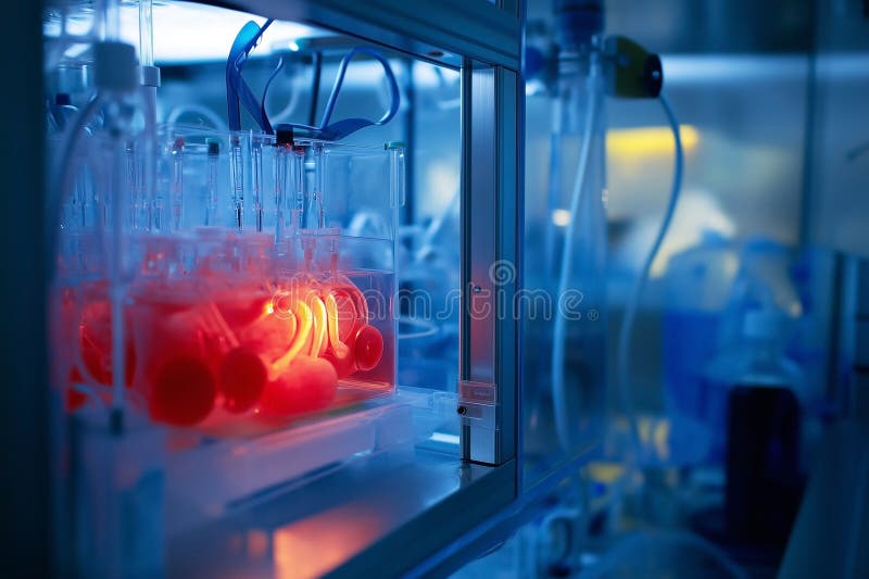 A Lab Scene Features Various Bioreactors, Each Holding Vibrant ...