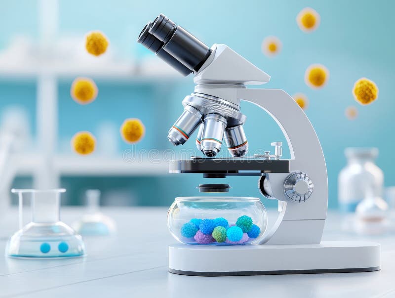 A Lab Scene Featuring a Microscope and Petri Dish Filled with Vibrant ...