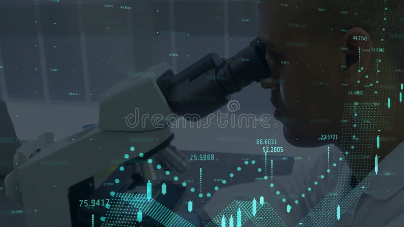 In Lab, Scientist Using Microscope, Data Analysis Animation Overlaying Work Scene Stock Video ...