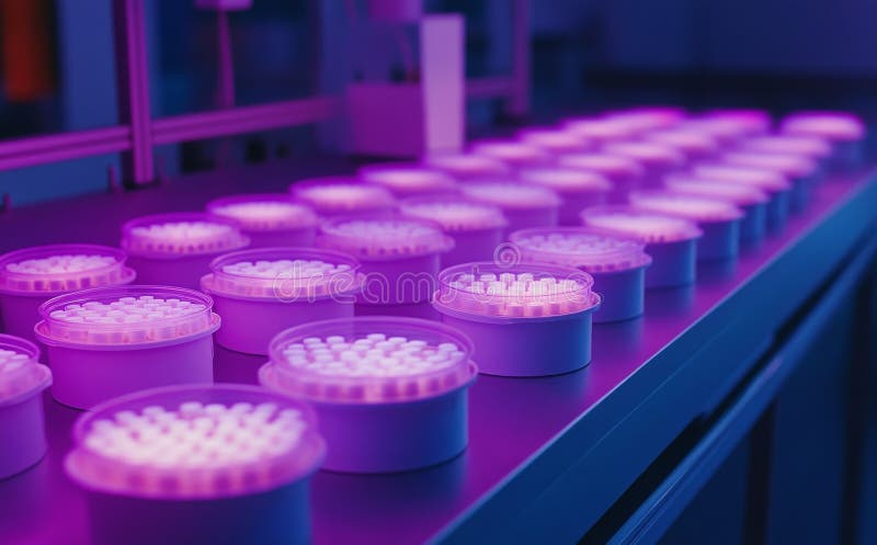 Lab Setting with Rows of Clear Containers Filled with Small Round ...