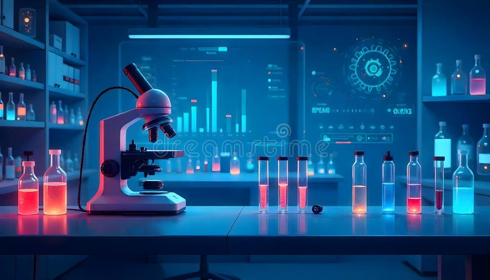 Lab Setup Featuring a Microscope on a Central Table Surrounded by ...