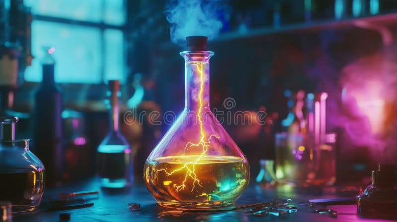 Lab Setup with Glowing Potion and Electric Energy in a Vibrant ...