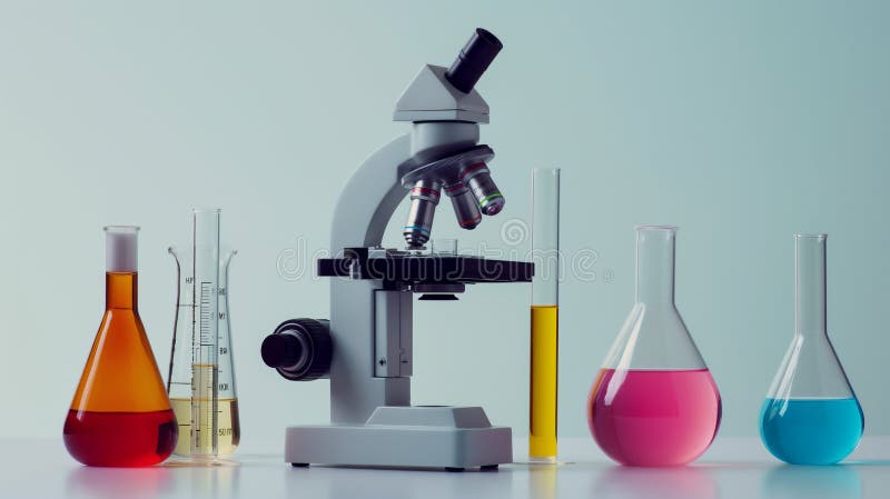 A Lab Setup with a Microscope Surrounded by Various Colorful Chemical ...